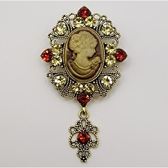 Jewelry | Cameo Brooch Faux Jewel Beige Resin Center Dangle Charm Red ...